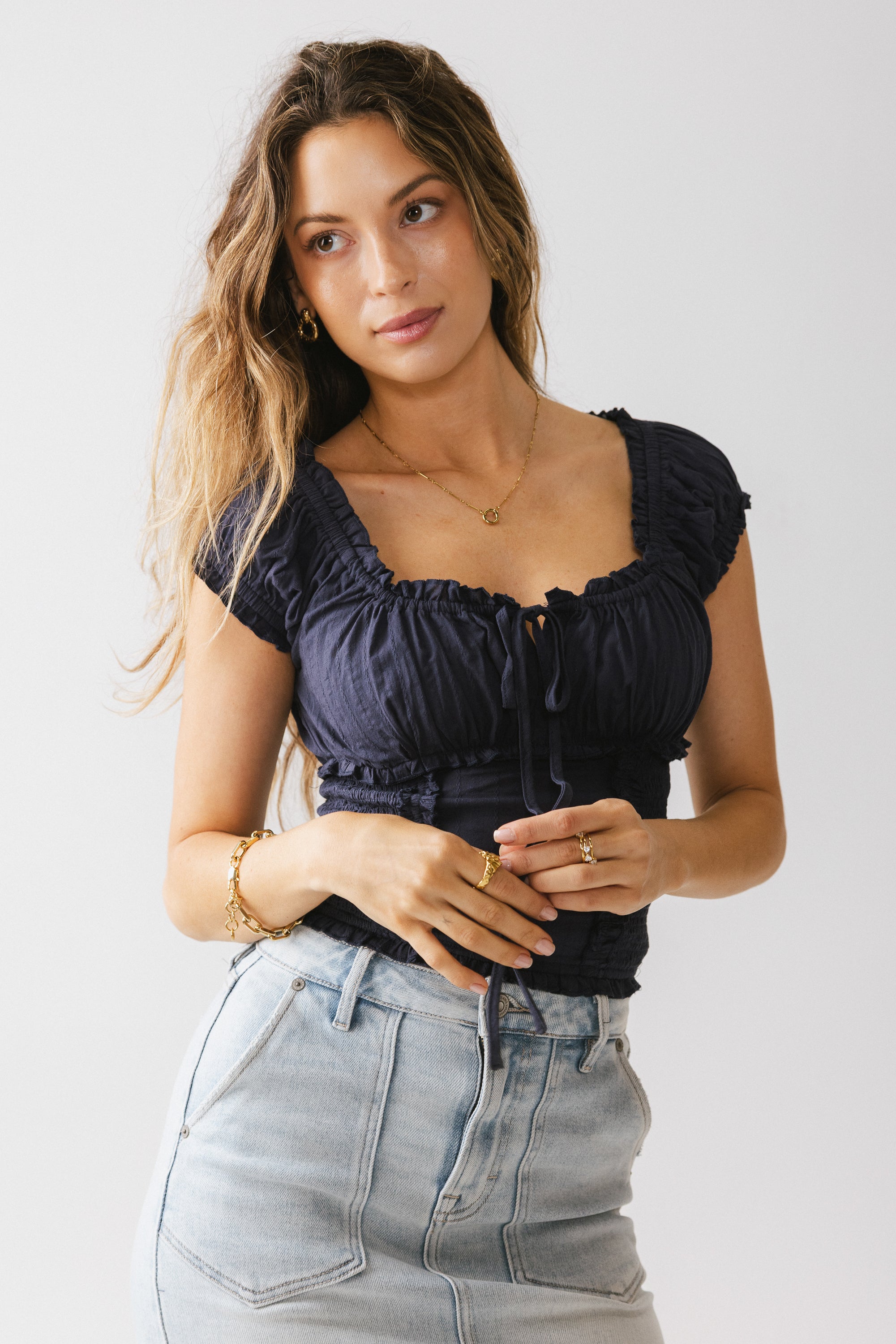 Taylor Ruffle Blouse in Navy - FINAL SALE