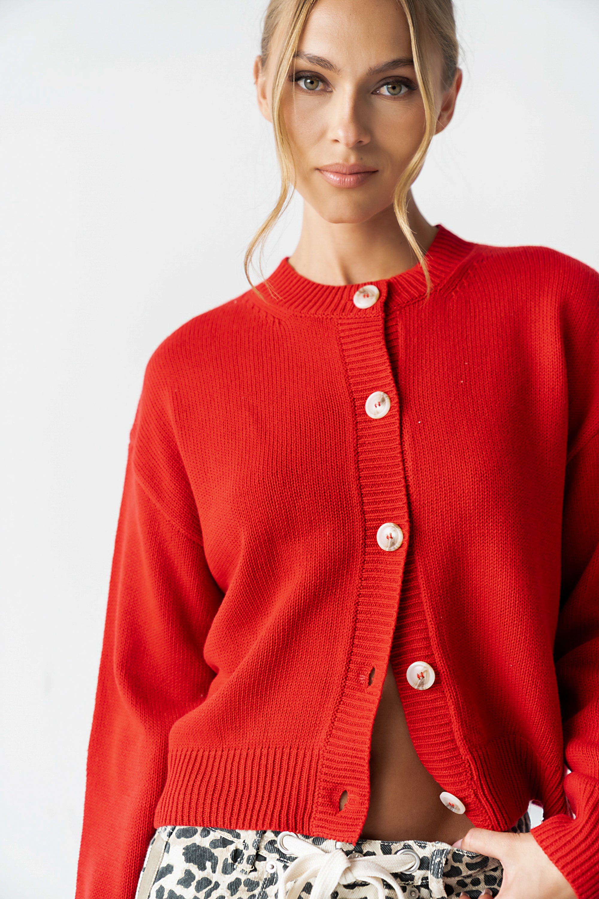 Kasen Knit Cardigan in Red