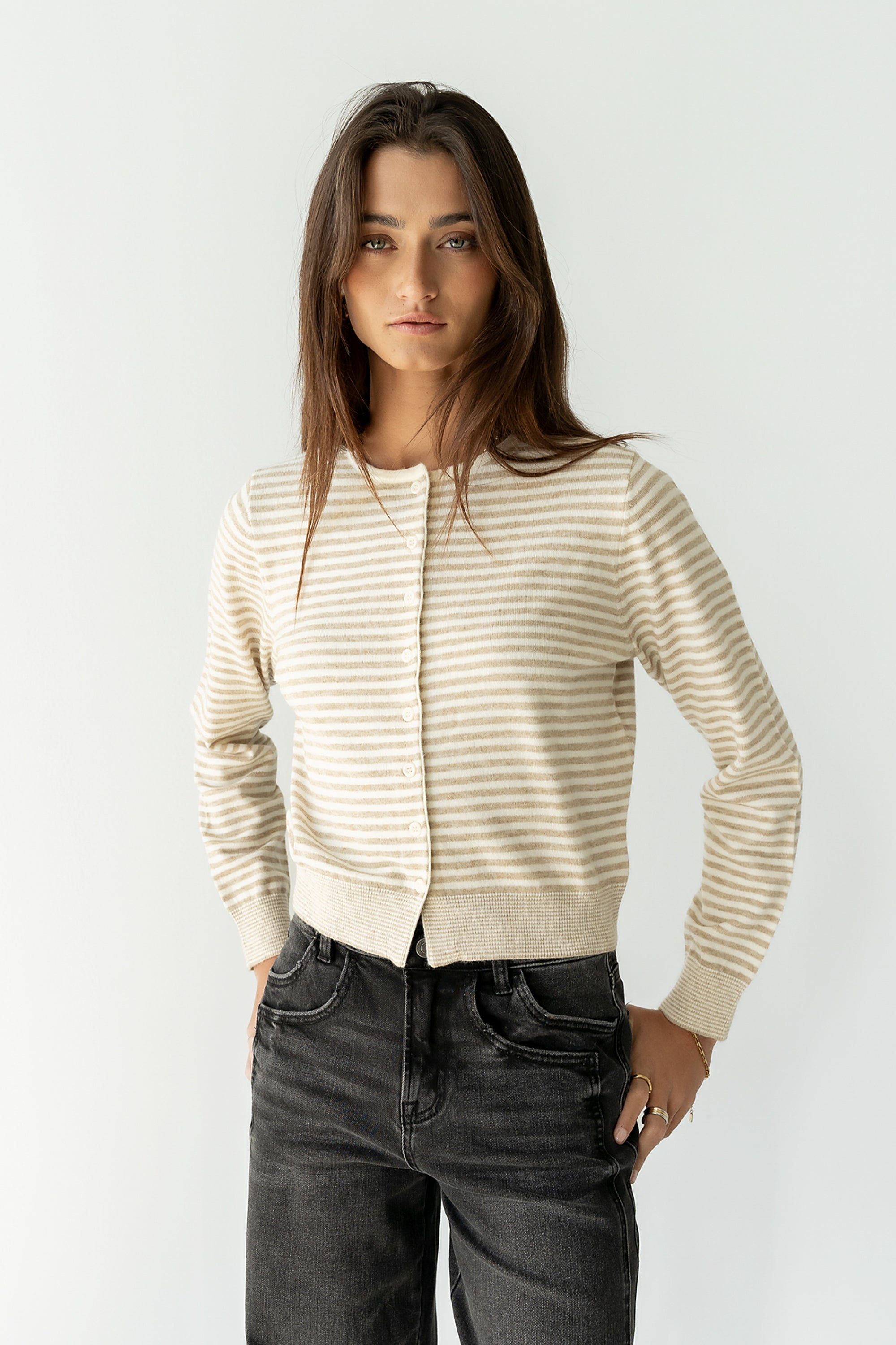 Edesse Striped Cardigan in Taupe